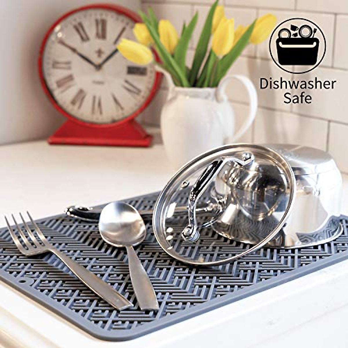 S&T INC. Silicone Dish Drying Mat or Trivet for Kitchen Durable, Heavy Duty, Non-Slip, Dishwasher Safe and Heat Resistant, 12 Inch x 15.8 Inch, Grey