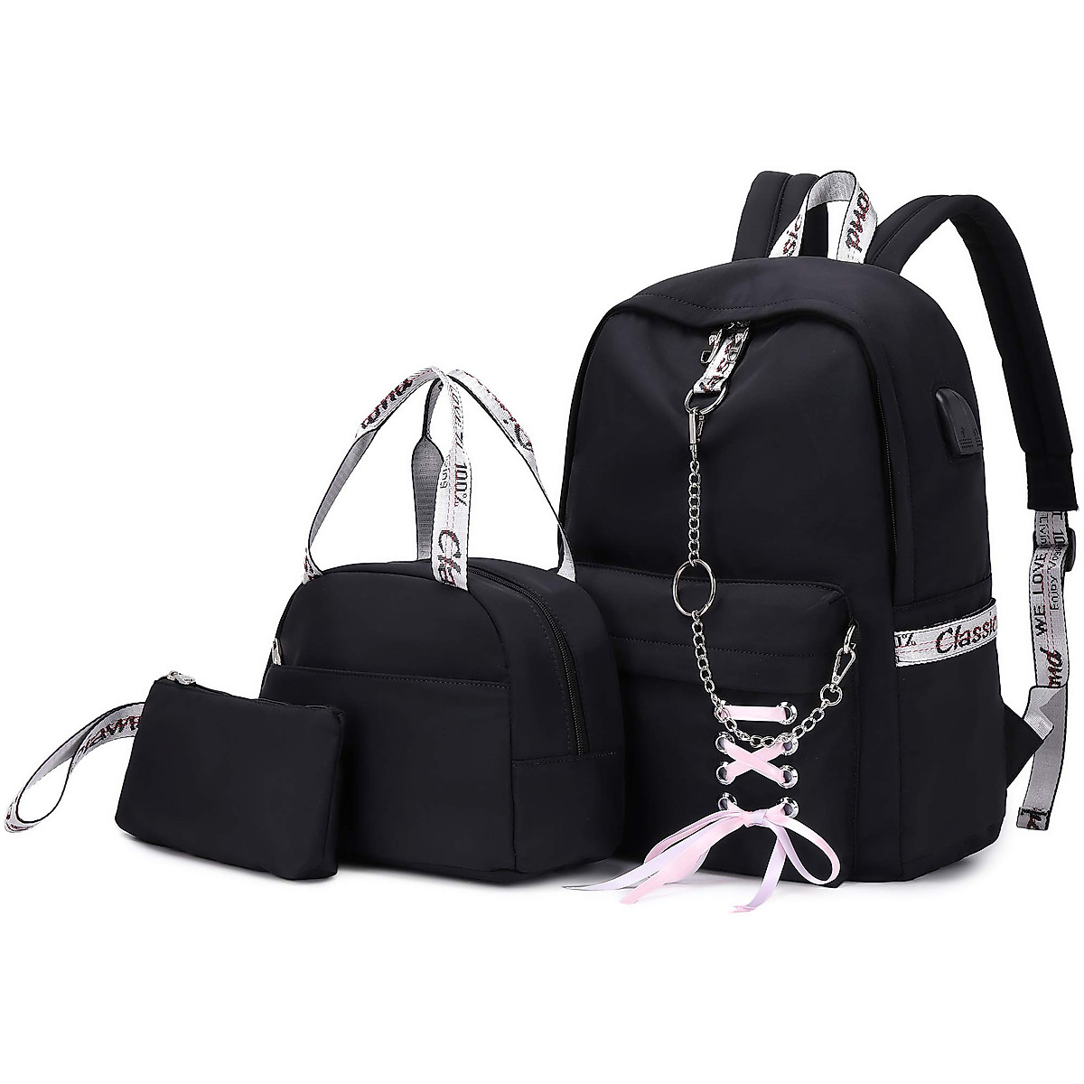 Hey Yoo School Backpack for Girls Women Children Kids Backpack School Bag Bookbag Set with Lunch Bag for Teen Girl (Black)