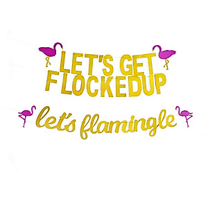 Gold Glittery Let's Get Flocked Up Banner & Let's Flamingle Garland for Hawaii Luau Bachelorette Birthday Party Decoration Supplies, Flamingo Party Decor