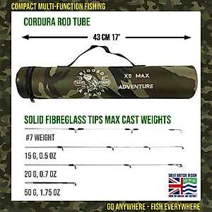 Rigged and Ready X5 MAX Powerful Travel Fishing Rod Super Compact, Multi-Functional Travel Rod. 1 Rod 9 Combinations. 2.70m (8.9’), 2.45m (8’), 2.25m (7.4’) Lengths. Compact 43cm 16.5’ Carry Case.