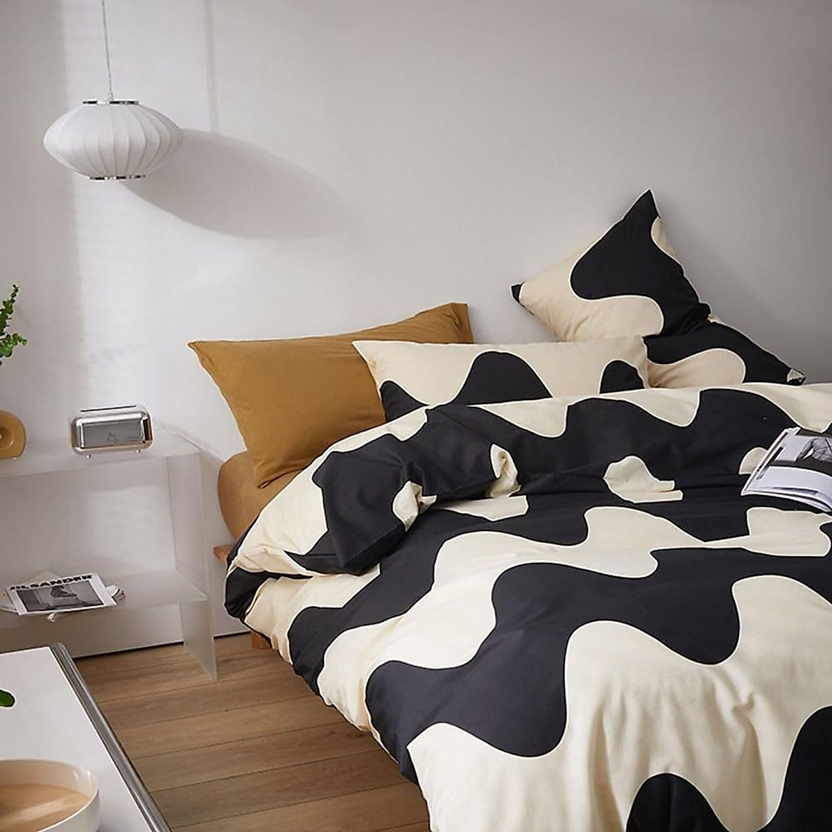 MeuNic Cotton Bedding Duvet Cover Set, Cream White Black Geometric Pattern Printed, 1 Comforter Cover and 2 Pillowcases for Kids Teens Boys Girls(Ripple,US King)