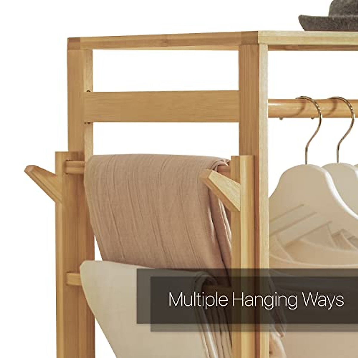 MoNiBloom Bamboo Garment Rack with Shelves 6 Tier Closet Coat Storage Organizer Clothes Hanging Rack with Pants Rack & Hooks for Bedroom Living Room Office Mudroom, Natural