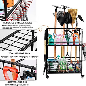 Garden Tool Storage Organizer with Wheels, Yard Tool Stand Holder Racks, Garage Tool Rack, Garden Tool Rolling Cart, Garage Organizers and Storage Hold Garden Tools for Garage Lawn and Outdoor
