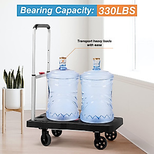 Platform Truck Foldable Push Cart Dolly 330lb Weight Capacity, Adjustable Hand Truck Handle with 360 Degree Swivel Wheels for Garage Garden Home & Office Use, Black