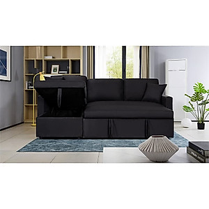 Pemberly Row Black Fabric Reversible Sleeper Sectional Sofa w/Storage Chaise