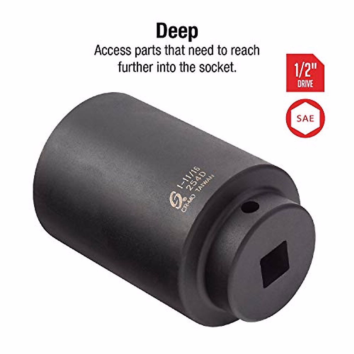 Sunex 254D, 1/2 Inch Drive, 1-11/16" Deep Impact Socket, Cr-Mo Alloy Steel, Radius Corner Design, Chamfered Openings, Dual Size Markings, Meets ANSI Standards