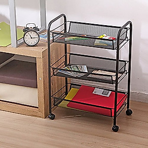 Karl home 3 Tier Storage Cart, Rolling Shelving Unit with Hooks, Trolley Craft cart, for Kitchen Bathroom Office Living Room, Black(17.32" L x 10.24" W x 24.41" H)