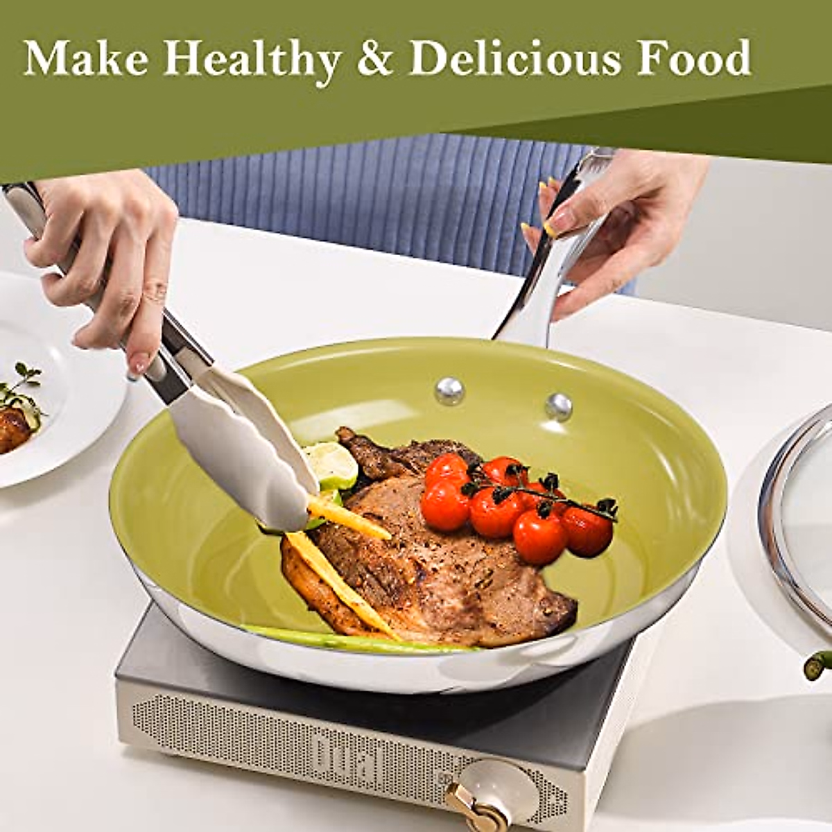 ROYDX Pots and Pans Set 9 Piece Nonstick, kitchen Ceramic Coating Cookware Set with Lids Non Stick Frying Pans & Saucepans Stay-Cool Stainless Steel Handles, for Induction/Electric Gas Cooktops