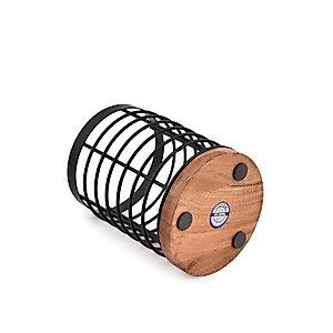 EDHAS Black Iron Kitchen Utensil Holder with Acacia Wooden Base Round Flatware Storage for Countertop (4.5" x 4.5" x 6")