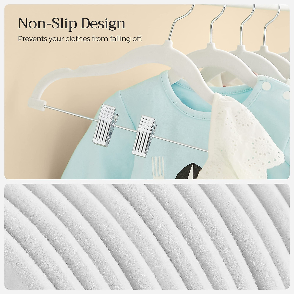SONGMICS Baby Hangers, 30 Packs Pants Hangers with Clips, Kids Hangers with 6 Clothes Dividers, Non-Slip Children’s Clothes Hangers, Pants Hangers, White UCRF013W30