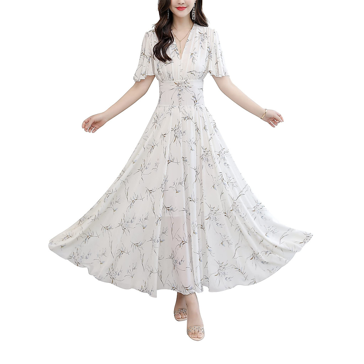 LAI MENG FIVE CATS Women's Elegant Floral Print Button up Casual A-line Flowy Maxi Dress