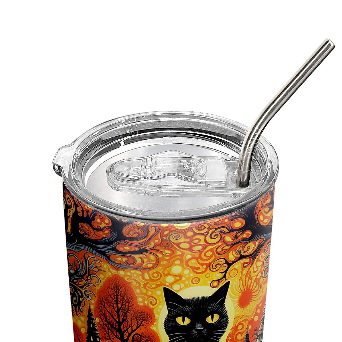 ORCAE 20oz Halloween Pumpkin Ghost Black Cat, Gifts for Cat Lovers, Halloween, Trick or Treat Gifts, Coffee Thermos, Stainless Steel Double Wall Vacuum Insulated Coffee Mug, Travel Cup with Lid - O