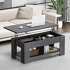 NOBLEWELL Coffee Table Lift Top with Storage Compartment and Separated Open Shelves, Pop Up Coffee Table for Living Room, 39.4in L, Black