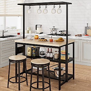 47" Large Kitchen Island Table Bakers Rack with Power Outlet and 3-Tier Storage-Microwave Stand Oven Shelf, Metal Coffee Bar Table ,Kitchen Storage Shelf for Dining Living Room, 5 Hooks，47"*28"*72"
