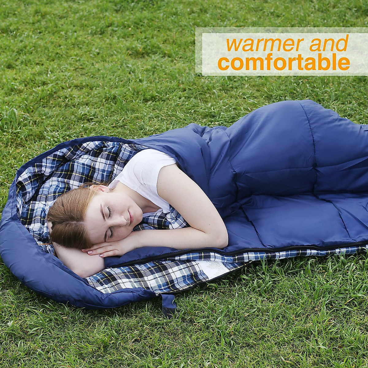 REDCAMP Cotton Flannel Sleeping Bag for Adults, XL 32/41/50F Comfortable, Envelope with Compression Sack Blue 3lbs (91"x35")