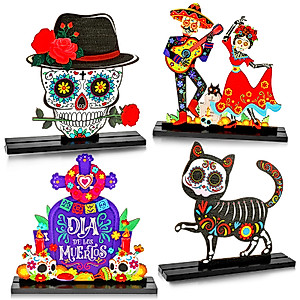 HOWAF 4PCS Day of The Dead Centerpiece, Dia De Los Muertos Wooden Table Topper with Sugar Skull Dancing Ghost Skeleton Couple Skeleton Cat Sacrificial Altar for Day of The Dead Table Decorations
