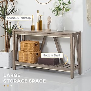 HOMCOM Console Table, Farmhouse Entryway Table with Storage Slatted Shelf, Rustic Sofa Table with Anti-Tipper for Living Room, Hallway, Gray