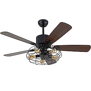 OUKANING Retro Industrial Ceiling Fan Light 52 Inch 5-Lights E27 Fixture for Restaurant Living Room Bedroom Create Iron Cage Rustic Style (52" Retro Industrial) (Retro Industria Cage)