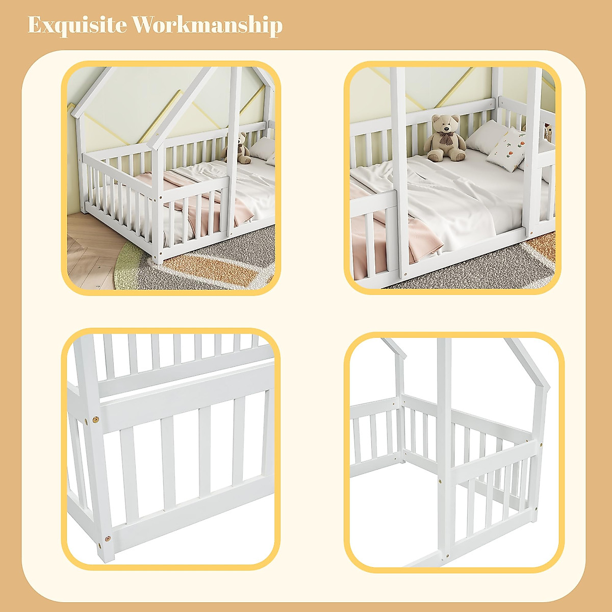 Luckiofvonne House Bed for Kids, Full Size Floor Bed with Fence Rails, Wood Montessori Bed Frame for Girls Boys Teens, White
