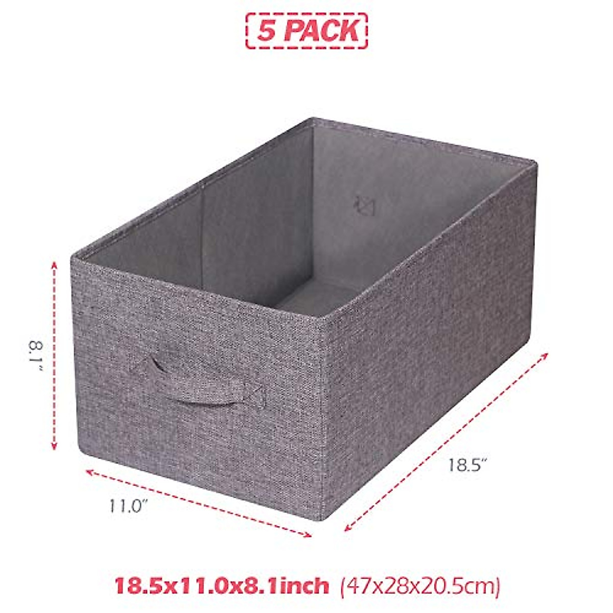 TENABORT Set of 5 Closet Organizer Bins with Handle, Linen Fabric Foldable Storage Baskets Cloth Box Containers for Shelves Home Office Clothes Clothing, Gray, Jumbo