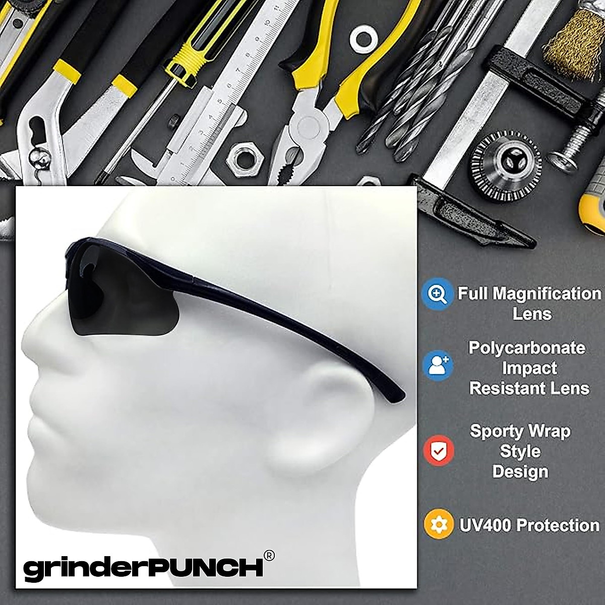 grinderPUNCH Full Lens Magnification Safety Glasses with Black Frame | Clear Lens | | Magnifying Reading Eyewear (Tinted +1.50 Diopter)