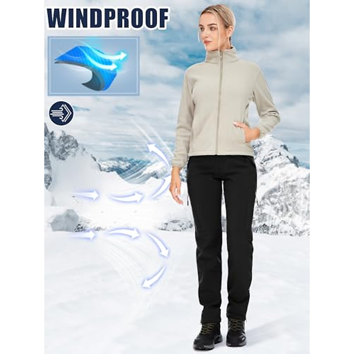 Womens Snow Pants Winter Waterproof Pants Outdoor Soft Shell Fleece Linded Cargo Ski Hiking Pants, Black 16