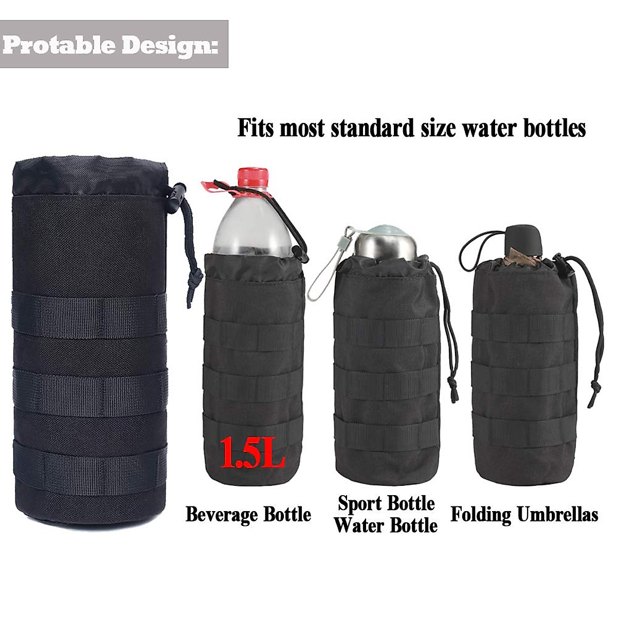 Novemkada Water Bottles Pouches - 1000D Tactical Molle Drawstring 32OZ Hydration Carrier Bag (Black+Green)
