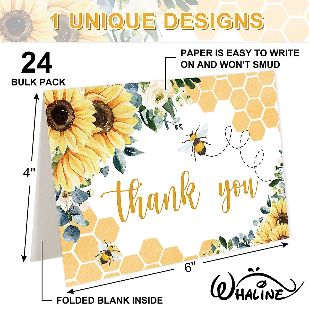 Whaline 24Pcs Sunflower Bee Thank You Cards Bulk Watercolor Summer Flower Greeting Cards with Envelope Stickers Blank Note Cards for Wedding Baby Shower Bridal Birthday Party, 4 x 6 Inch