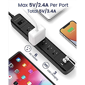 SUPERDANNY Power Strip with USB - 6 Outlets & Surge Protection