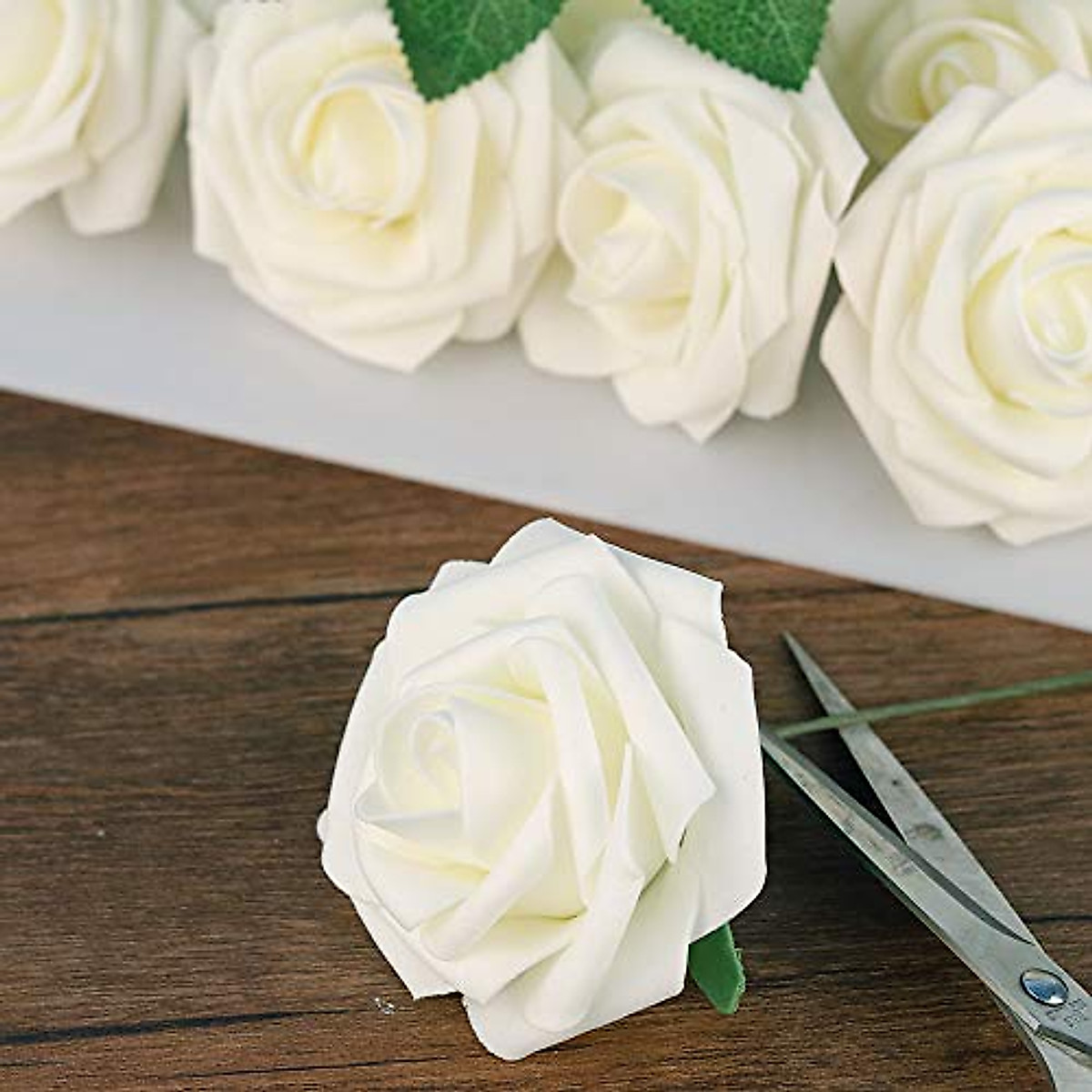 Mocoosy 50Pcs Artificial Flowers Rose, Ivory White Fake Roses for Decorations, Real Looking Foam Rose Bulk with Stems for DIY Wedding Bouquets Bridal Shower Mothers Day Party Home Decor