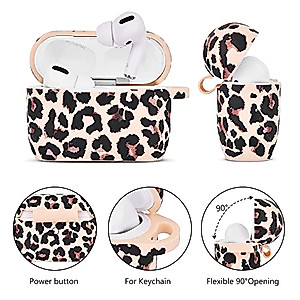 AirPods Pro Case AIRSPO AirPods Pro (1st Generation) Case Cover Floral Printed Silicone Protective Skin for Women, Girls with Pom Pom Fur Ball Keychain/Accessories (Beige/Cheetah)