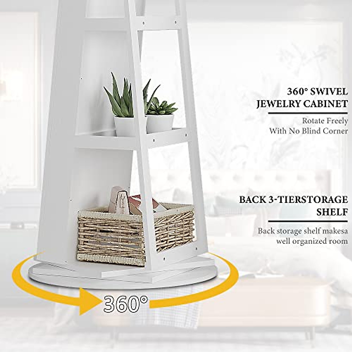 OUTDOOR DOIT 360° Rotating 67'' Jewelry Armoire with 6 LEDS, Full Length Mirror Large Capacity Jewelry Organizer Armoire, Lockable Floor Standing Mirror with Back Storage Shelves