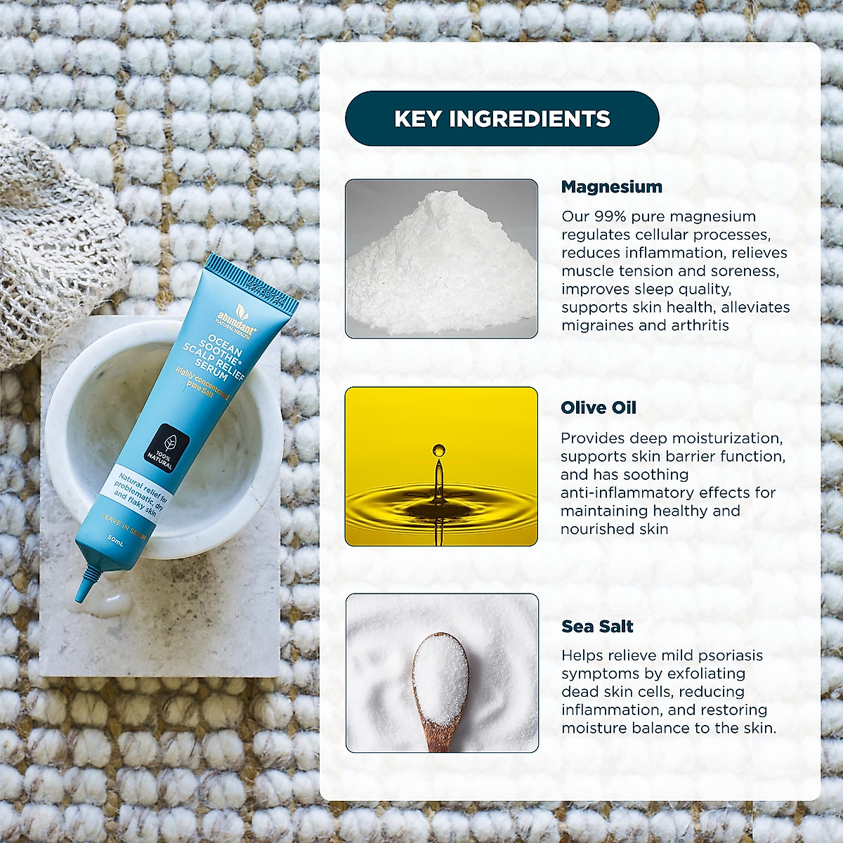 Abundant Natural Health Ocean Soothe Scalp Relief Serum with Highly Concentrated Magnesium Salt for Dry and Flaky Skin, Quick Absorption, All Natural and Fragrance-Free Leave-In Scalp Treatment, 50mL