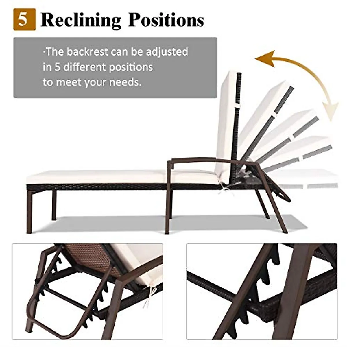 Tangkula Patio Rattan Lounge Chair, Outdoor Reclining Chaise Lounge with Cushion and Armrest, Wicker Sun Lounger with Adjustable Backrest for Garden, Balcony, Poolside (1, Beige)