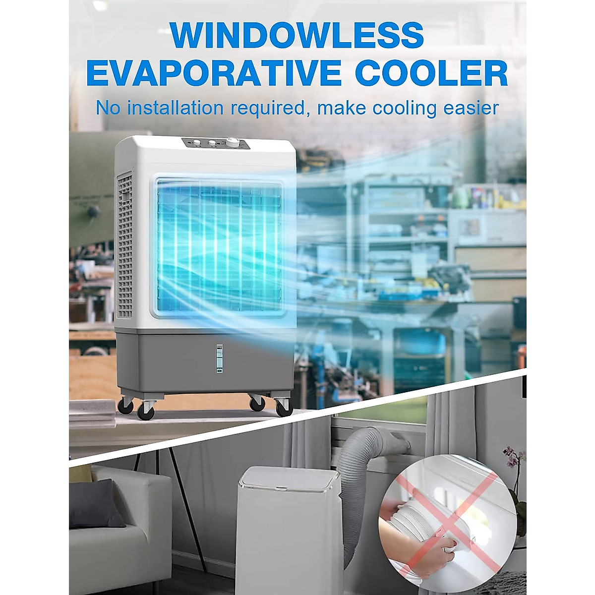 Evaporative Cooler - AOLOS Windowless Air Conditioner w/ 3 Speeds, Swamp Cooler for Cooling Up to 700 Sq.ft, 5 Gallon Tank & 4 Ice Packs, 60° Swing, Evaporative Air Cooler for Backyard Garage Outdoor