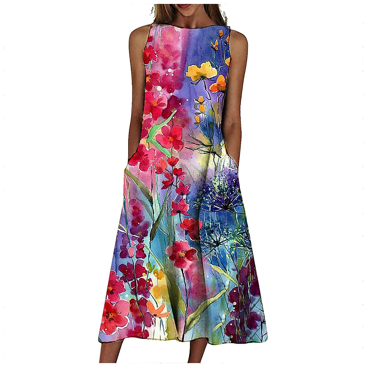 Women Marble Print Summer Tshirt Dress Sleeveless Beach Dress Graphic Long Maxi Tank Dress Casual Resort Clothes with Pockets