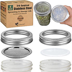 4 Pack (4 Rings, 4 Screens, 4 Inserts) Mason Jar Sprouting Lids - 316 Surgical Stainless Steel Sprouting Lids for Wide Mouth Mason Jars- Curved Strainer Lids, Silicone Inserts - Rust-Proof, BPA-free