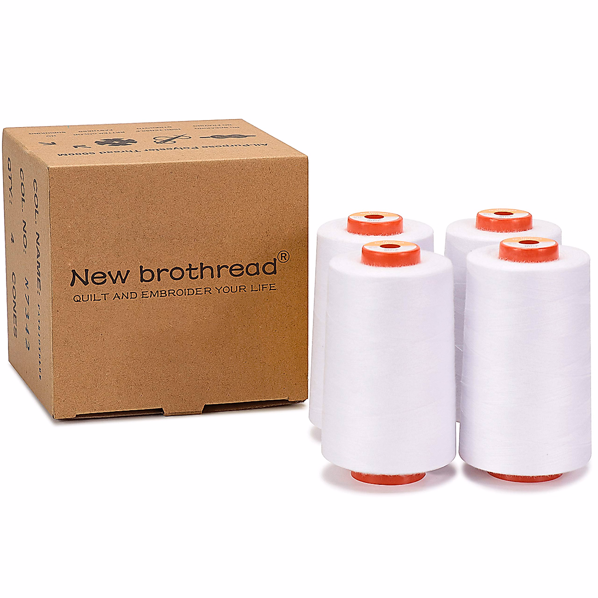 New brothread - 30 Options - 4 Large Cones of 5500Y (5000M) Each All Purpose Spun Polyester Thread 40S/2 (Tex27) for Serger, Overlock, Quilting, Piecing and Sewing - White