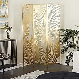 Deco 79 Metal Rectangle Room Divider Screen with Palm Leaf Patterns, 48" x 1" x 71", Gold