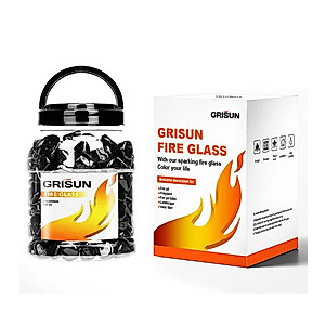 GRISUN Onyx Black Fire Glass Diamonds for Fire Pit, 1 Inch High Luster Reflective Tempered Glass Rocks for Natural or Propane Fireplace, Safe for Outdoors and Indoors Firepit Glass, 10 Pounds