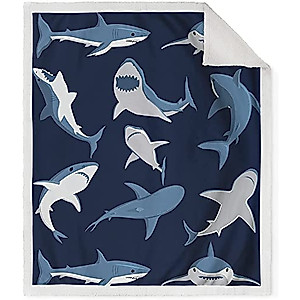 Jekeno Cartoon Shark Sherpa Blanket Blue Soft Warm Print Throw Blanket for Kids Adult Office Gift 50"x60"