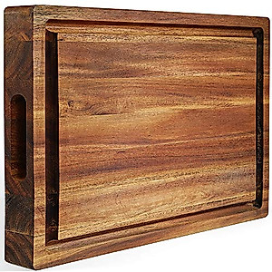 FANICHI Extra Large & Thick Acacia Wood Cutting Board: 16 x 12 x 1.5 Inch Reversible Multipurpose with Juice Groove, Cracker Holder & Inner Handles.