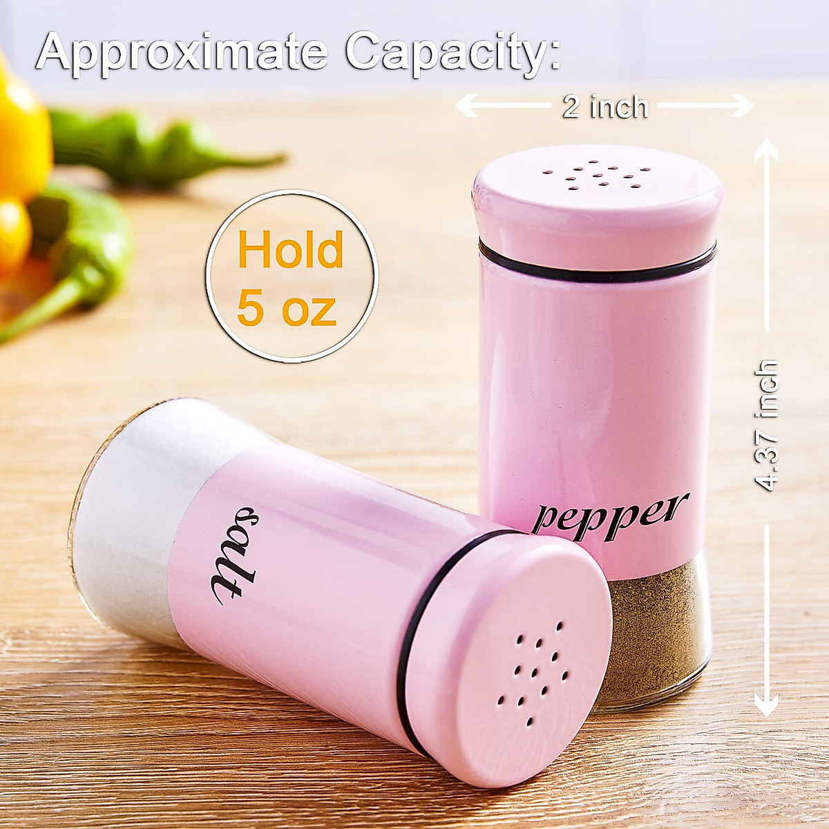 Pink Salt and Pepper Shakers - Pink Kitchen Accessories Decor- 5 oz Glass Salt and Pepper Set for Cooking Table, RV, BBQ, Easy to Clean & Refill