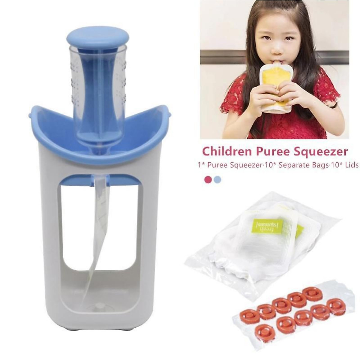 Fruit Puree Squeezer with 10 Squeeze Pouches DIY Squeeze Station for food(blue)