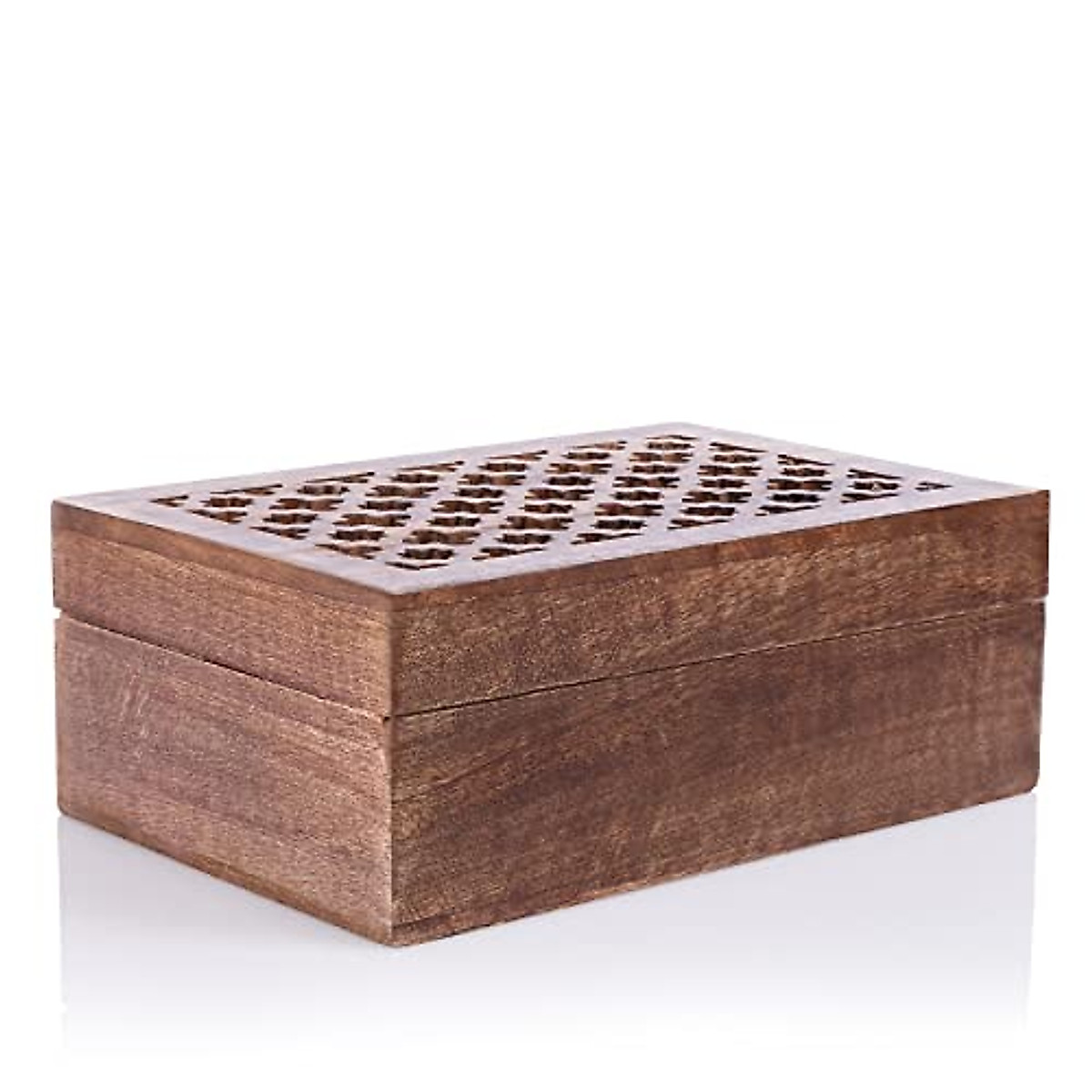 Mela Artisans Decorative Storage Box with Hinged Lid - Medium Polish, Large | 9” x 6” x 3.5” | Rustic Trellis Design | Mango Wood Crafted | Ideal for Keepsakes, Trinkets, Jewelry and Other Stash