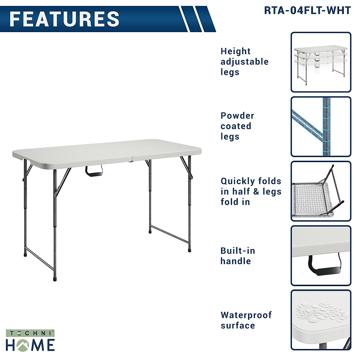 Techni Home Height Adjustable 4 FT Granite White Folding Table – Premium 4 Foot Folding Table Ideal for Camping, Picnic, Party or as Kids Table