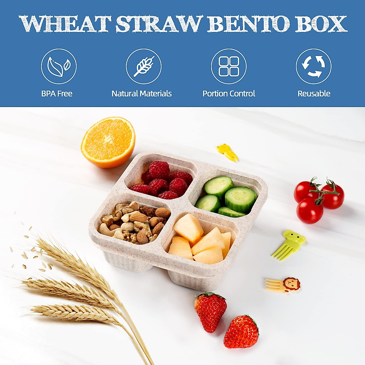 DESLON 6 Pack Snack Containers for Adults Kids, 4 Compartment Bento Snack Box, Reusable Meal Prep Lunch Containers with Compartment, Divided Small Snack Containers Bento Box for Travel Work