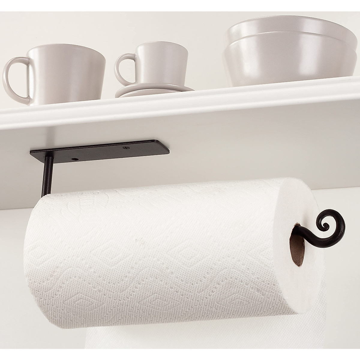 RTZEN Under Cabinet Paper Towel Holder - Wrought Iron Cute Black Farmhouse Decor Inside Cabinet or Under Counter - Paper Towel Holder for Kitchen or Under Sink Paper Towel Holder for Bathroom