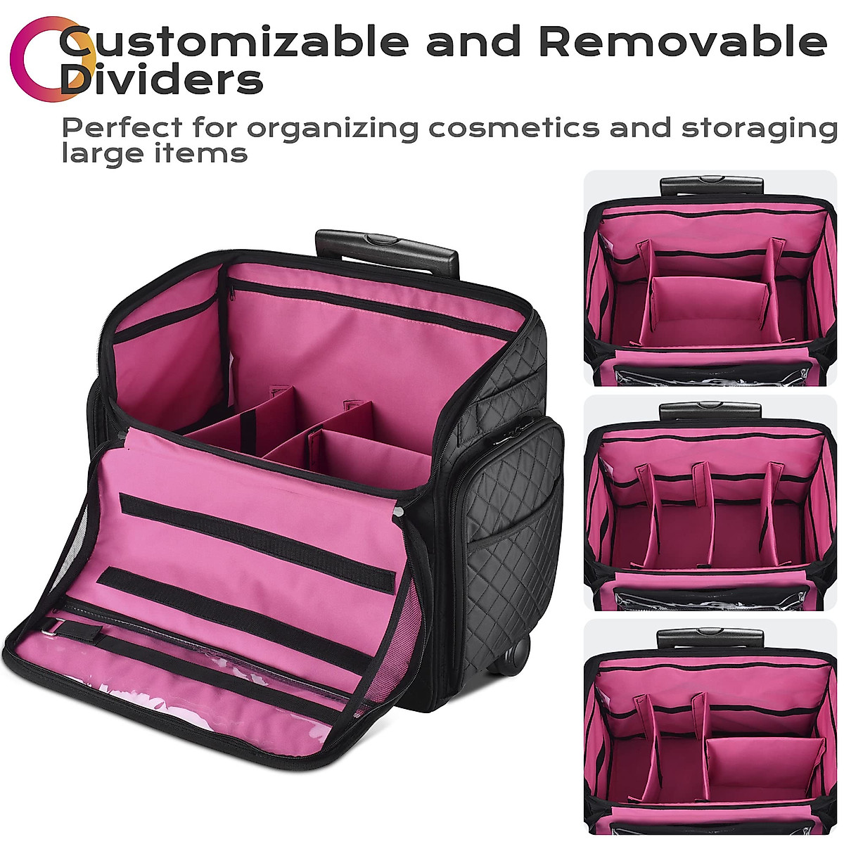 BYOOTIQUE Rolling Makeup Train Case Hairstylist Traveling Bag Carry On Barber Case Suitcase with Adjustable Dividers Cosmetic Bag with wheels for Hairdressing Tool Organizer Makeup Salon Nail