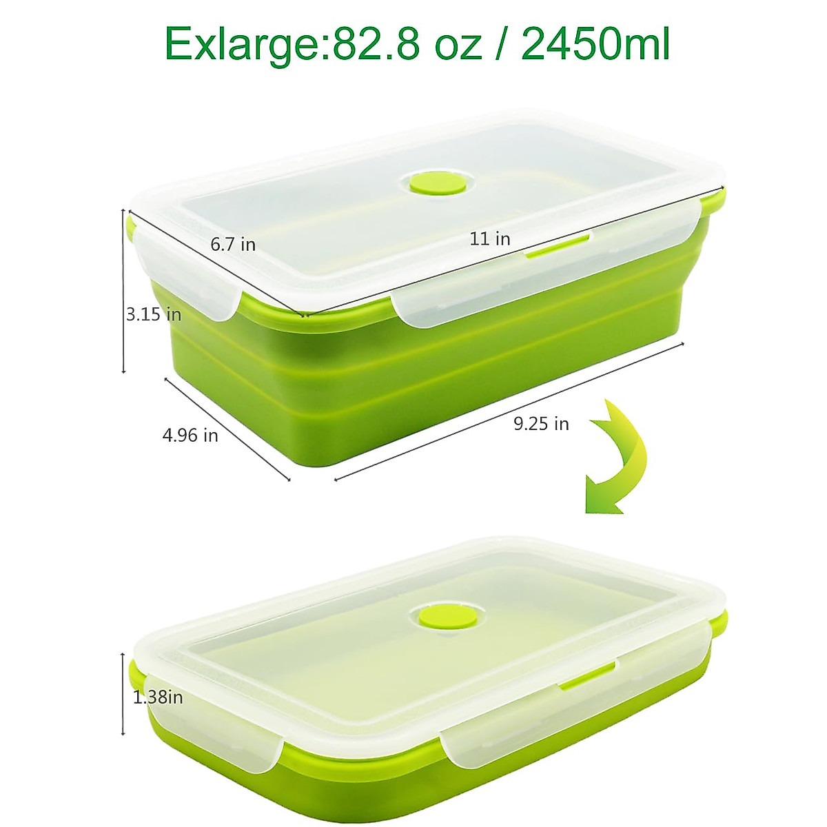 FUSMYE Extra Large Collapsible Silicone Food Storage Containers With Lids, 82.8oz, 2 Pack, XXL Foldable Bento Lunch Box, Big Meal Boxes for Kitchen, Camping, BPA Free